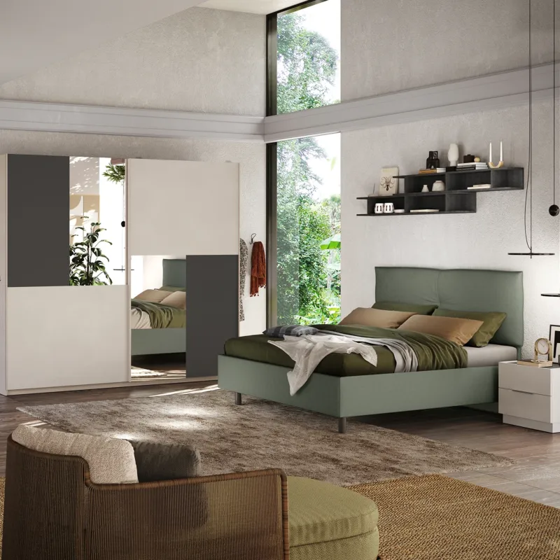 Camera matrimoniale completa con letto tessuto salvia, in offerta