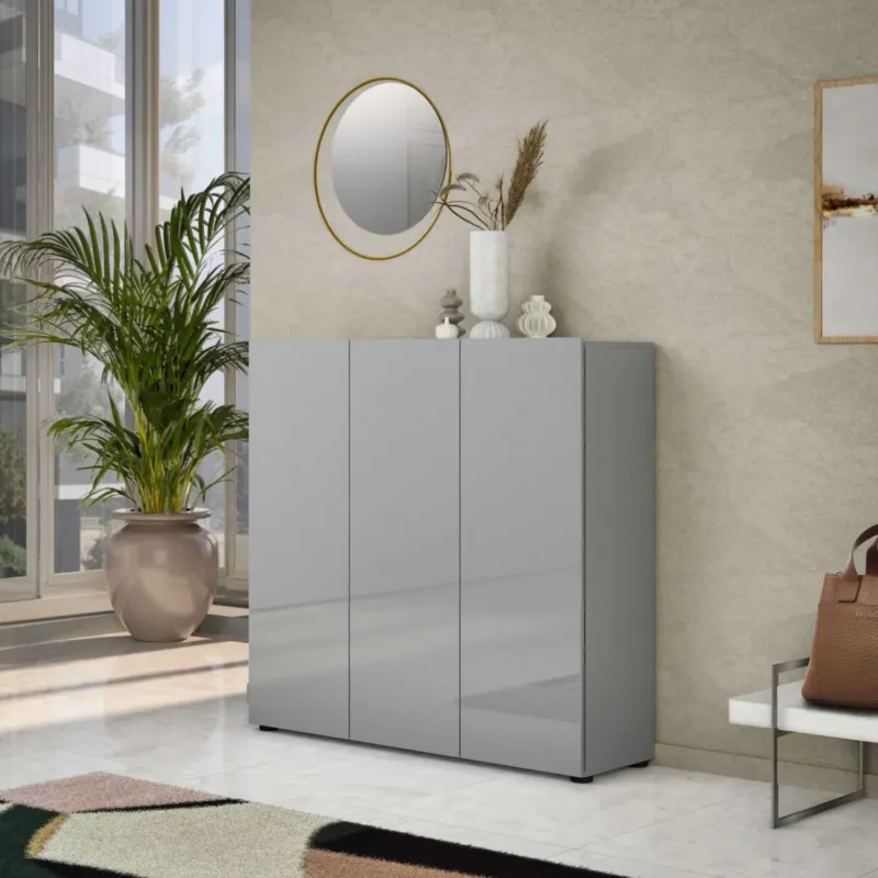 Scarpiera moderna a 3 ante finitura Grigio Lucido, Made in Italy